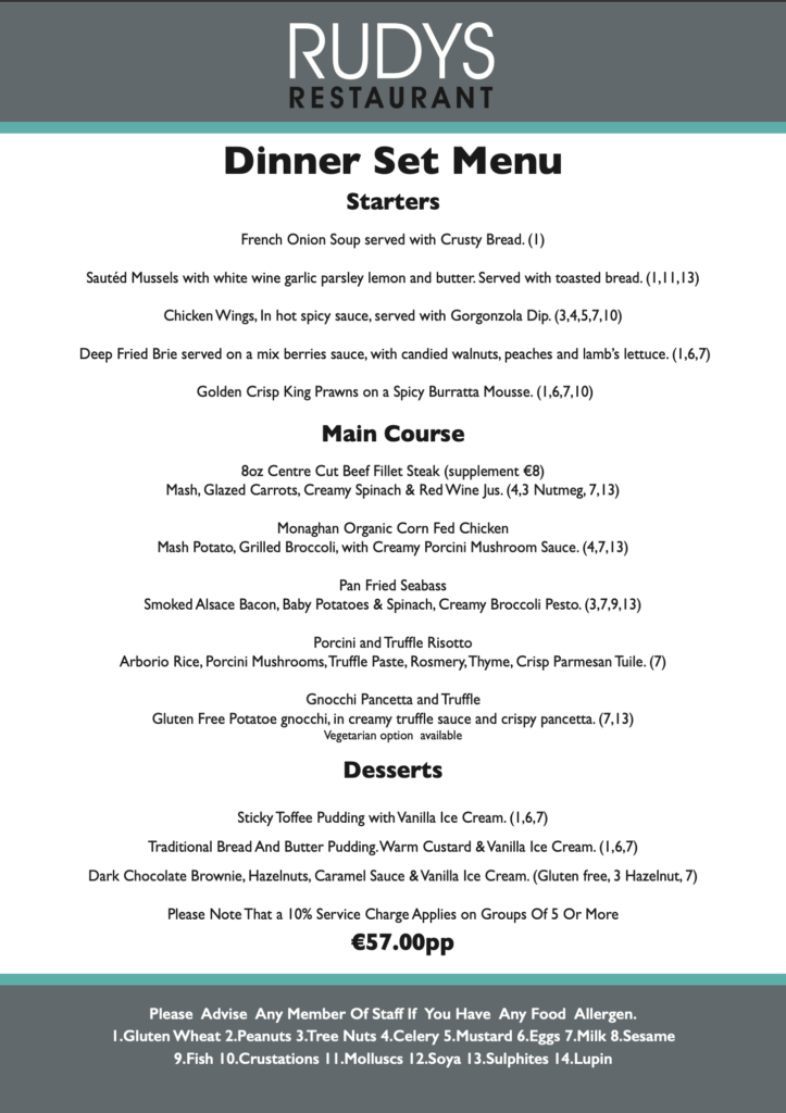 Dinner Set Menu – Rudys Restaurant