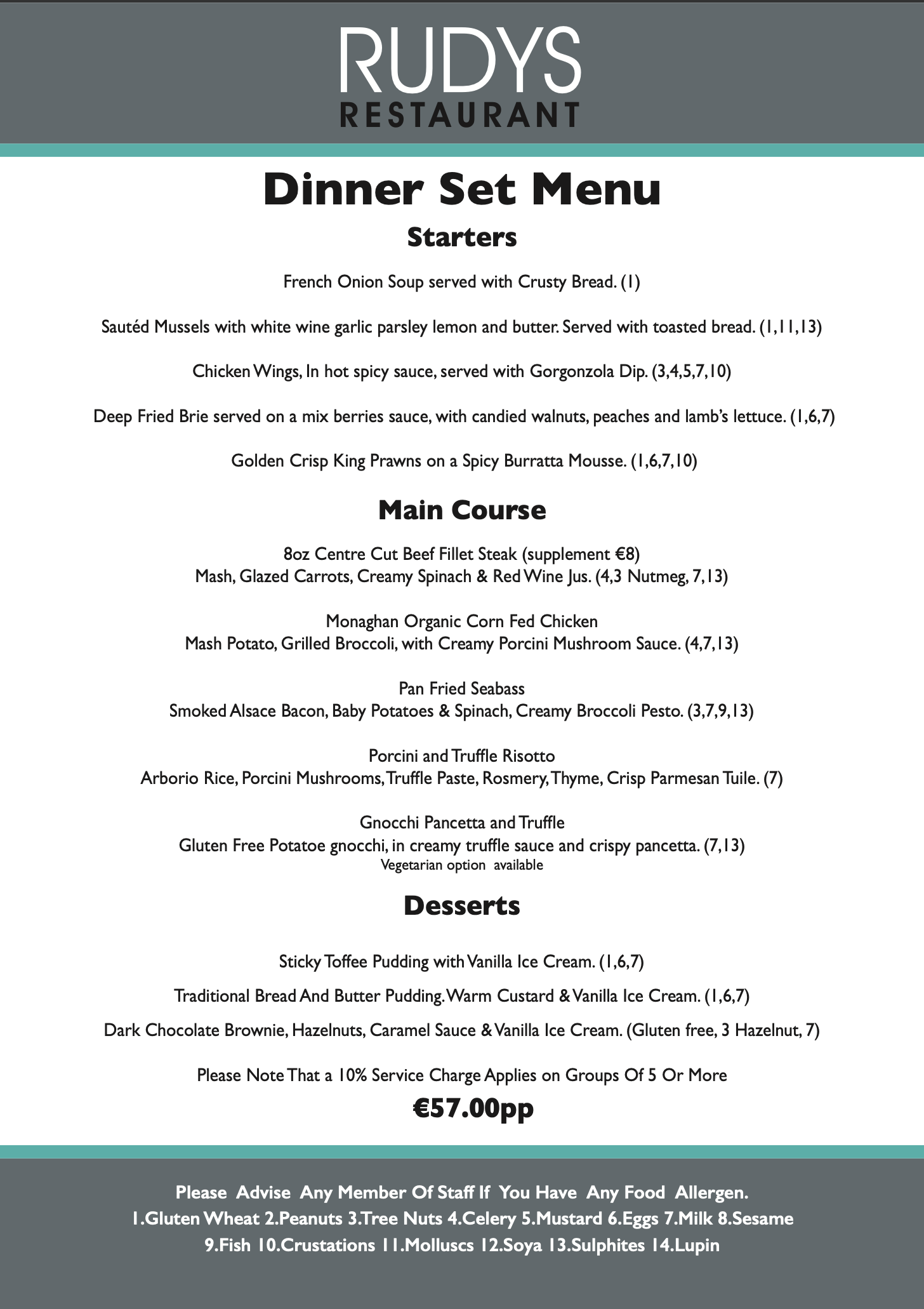 Dinner Set Menu – Rudys Restaurant